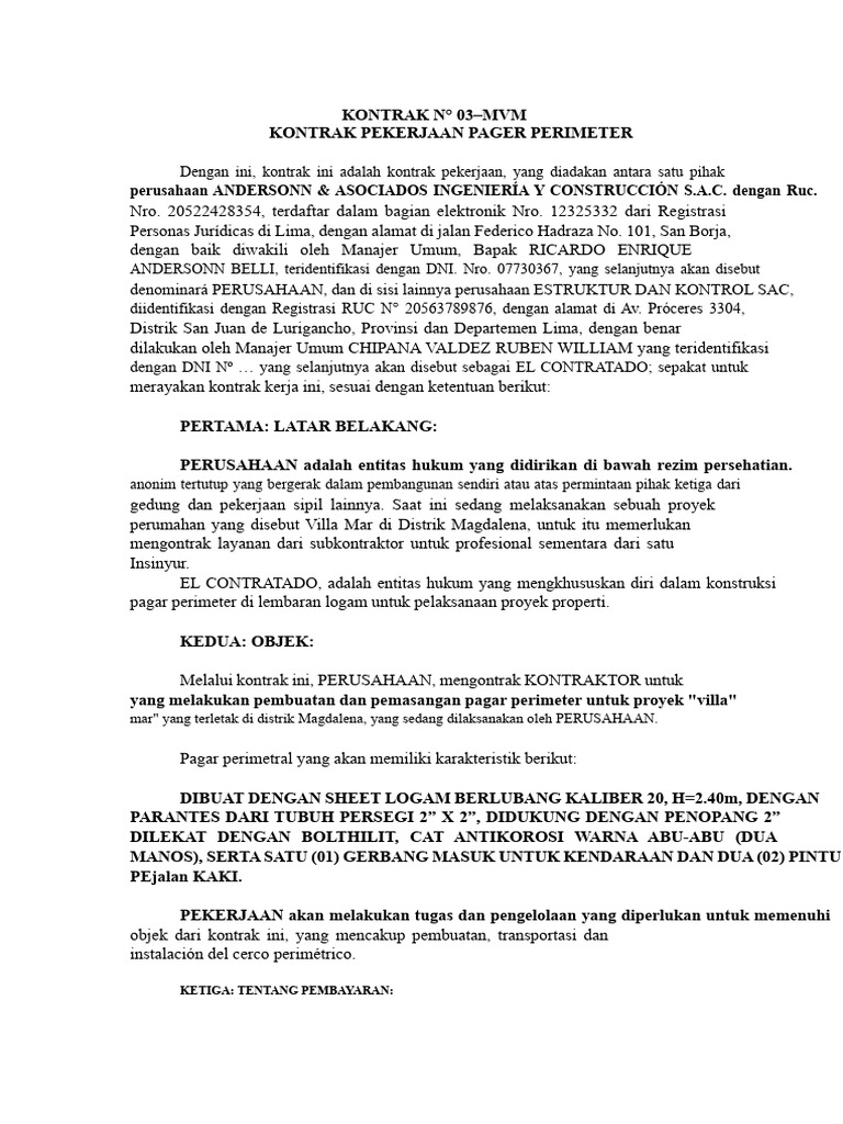 Kontrak Pekerjaan Pagar Perimeter Villa Mar | PDF