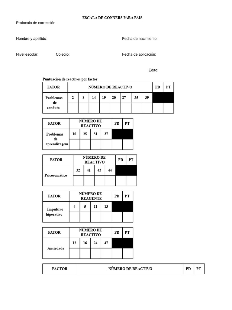 Escala Conners: Protocolo de Corrección | PDF