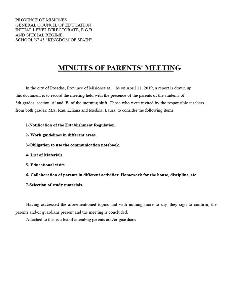 Parents Meeting Minutes | PDF | Learning | Youth