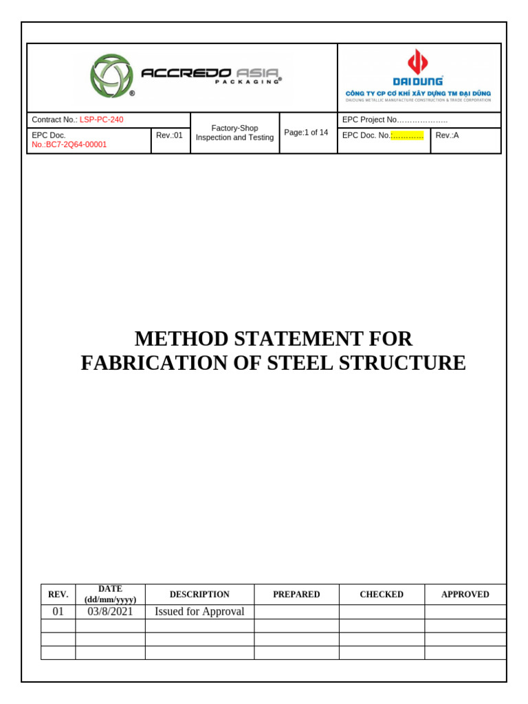 Steel Structure Fabrication Method Statement | PDF | Welding | Construction
