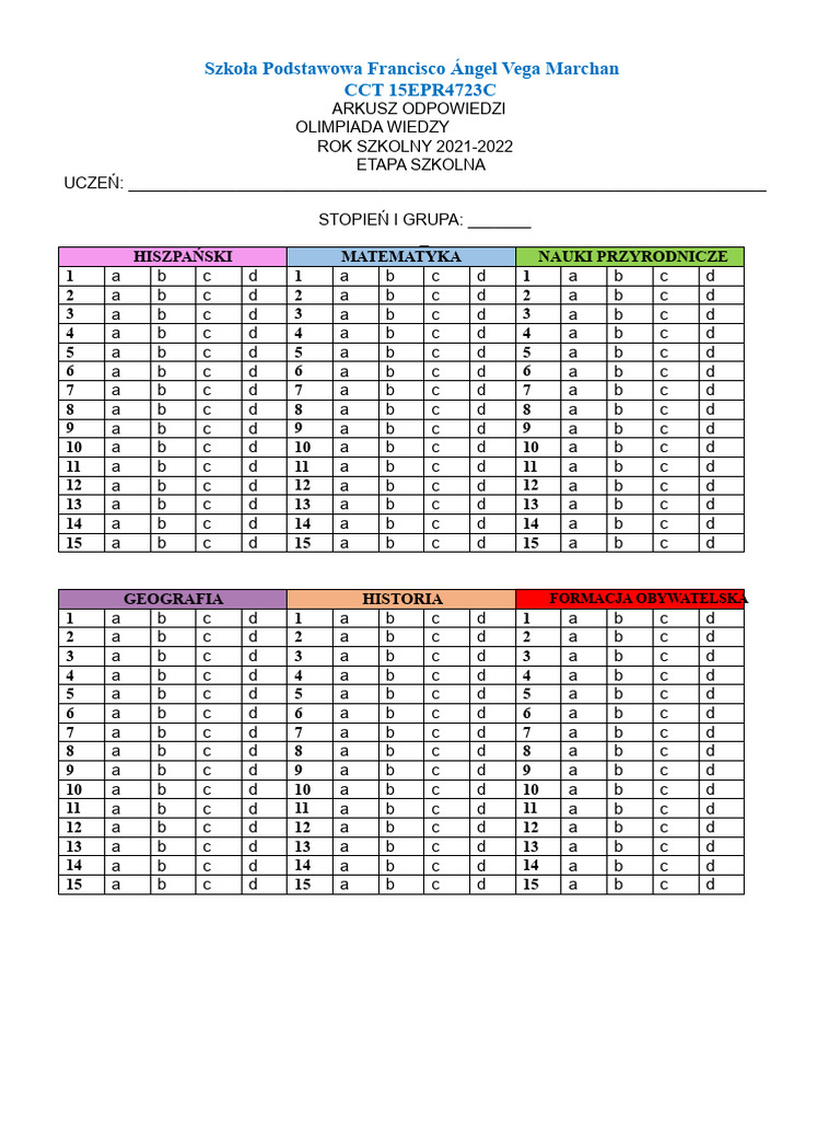 ARKUSZ ODPOWIEDZI OLIMPIADA | PDF