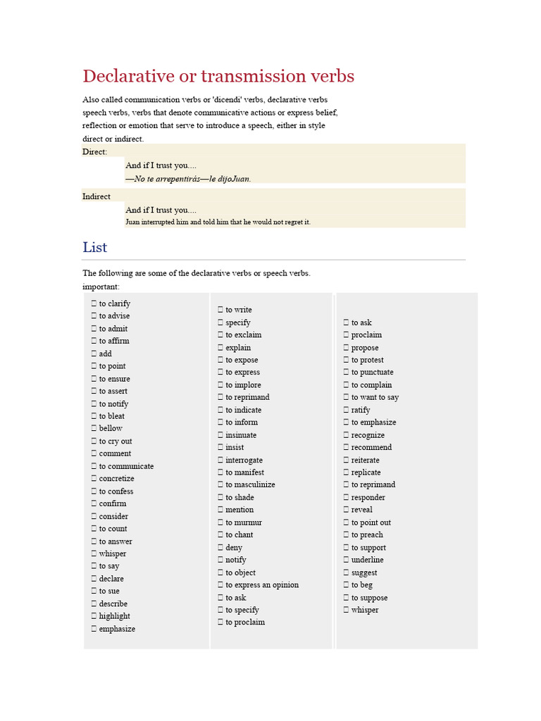 Understanding Declarative Verbs | PDF | Verb | Linguistics