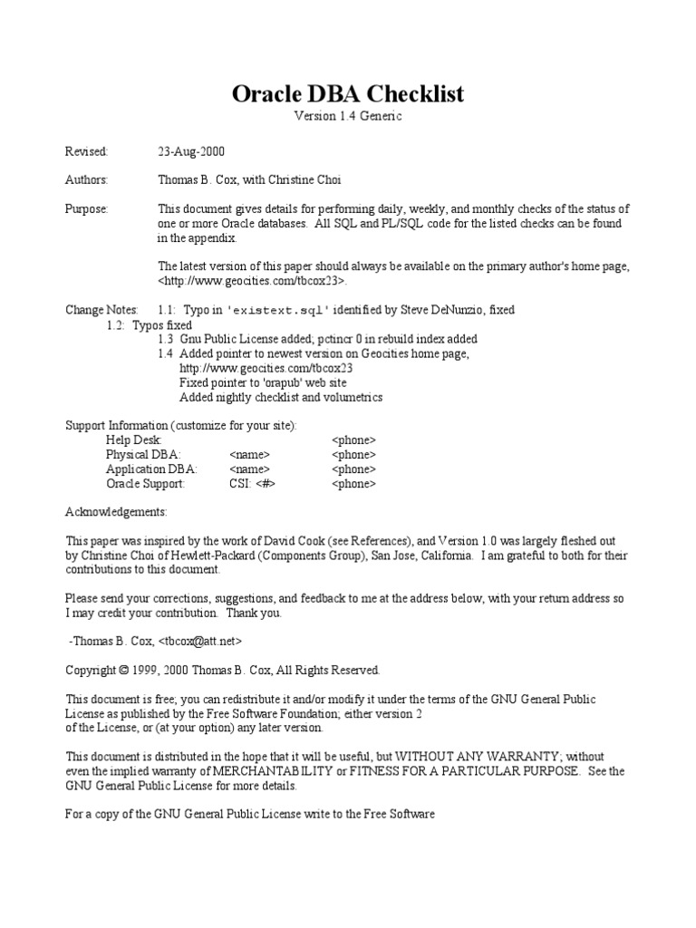 Dba Checklist 14 Pdf Database Index Databases