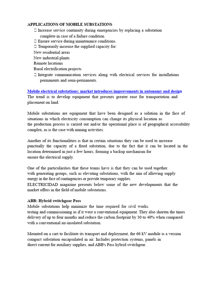 233904419 Applications of Mobile Substations Doc | PDF | Transformer | Electric Power Distribution