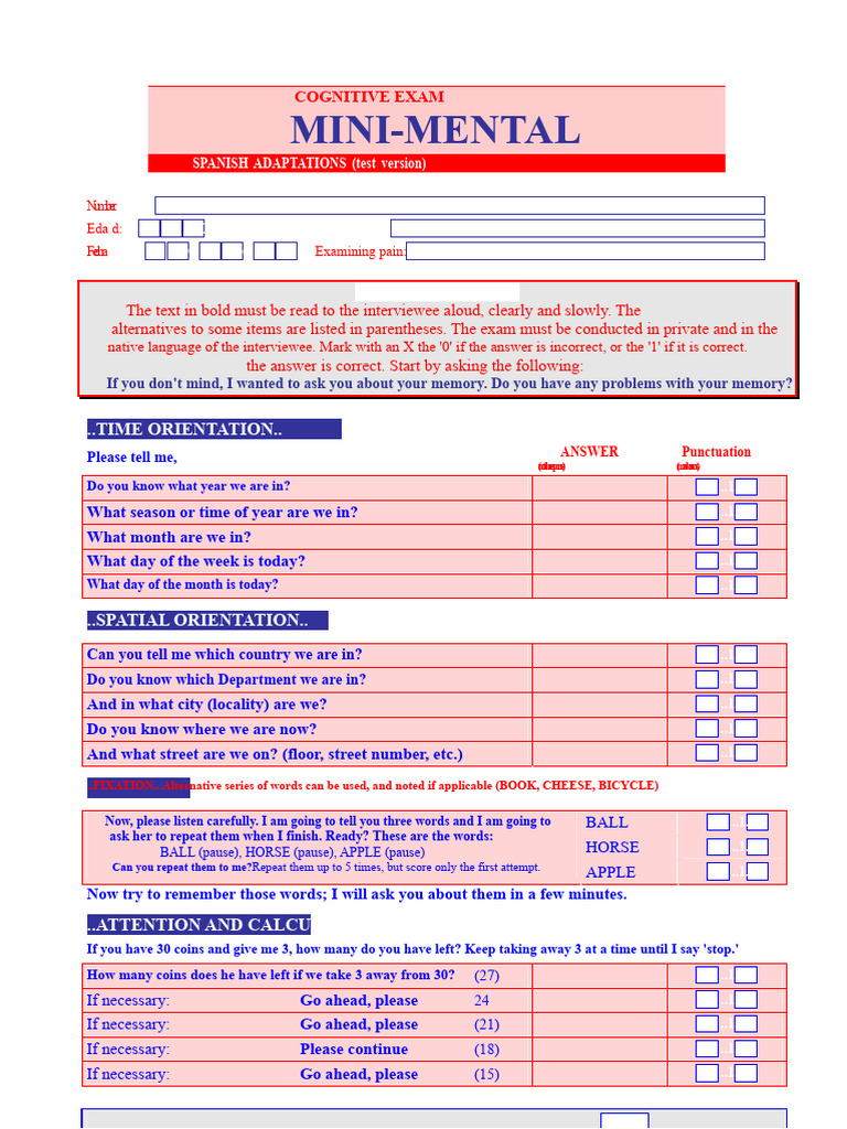 Mini Mental | PDF | Memory | Attention