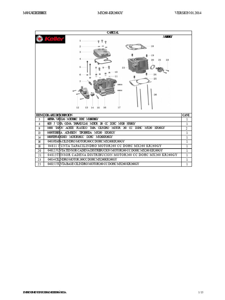 Manual de Despiece Motor 260CC MX260-KR260GY | PDF | Vehículo de motor ...