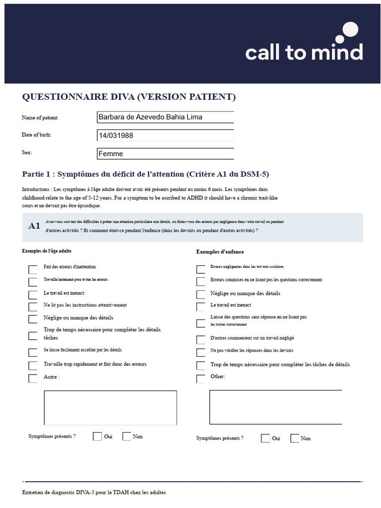 Questionnaire DIVA-5 pour TDAH adulte | PDF | DSM-5 | Adolescence