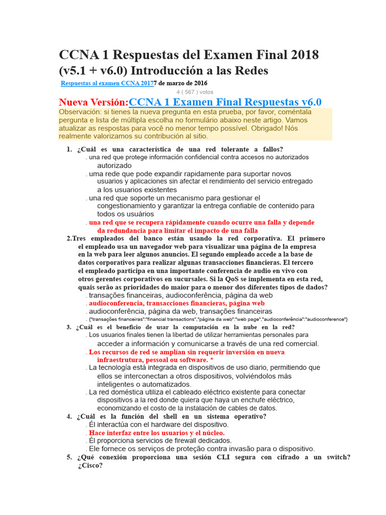 CCNA 1 Respuestas del Examen Final 2018 | PDF | Yo Pv6 | Dirección IP