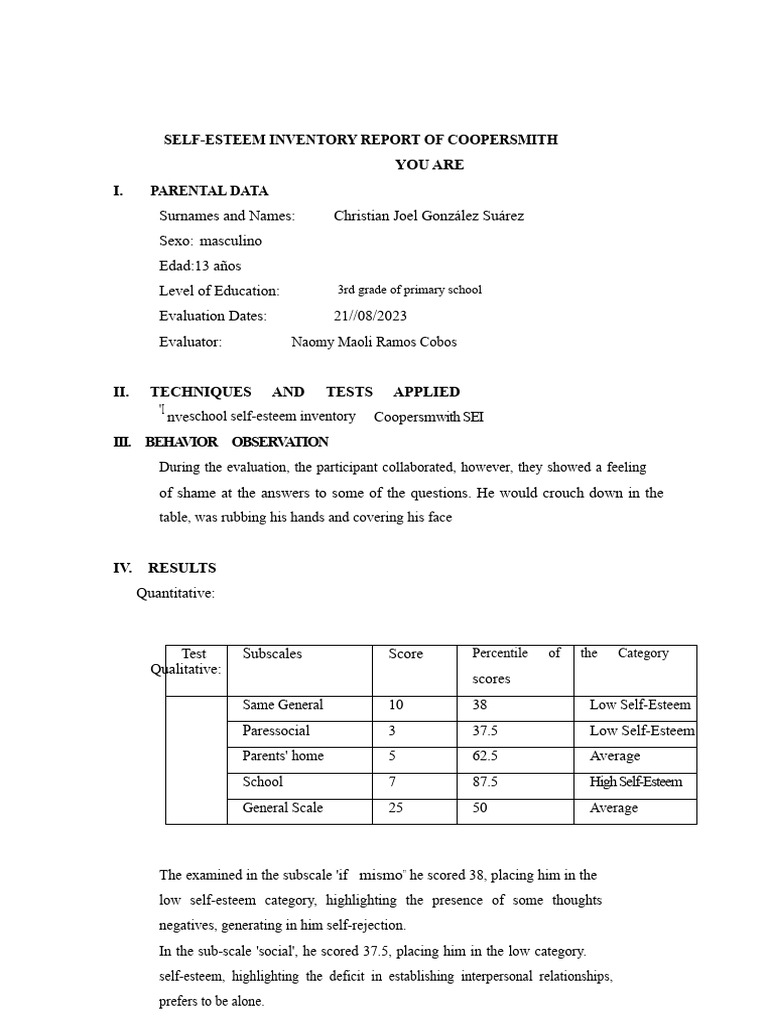 PDF Report of The Coopersmith Self-Esteem Test | PDF | Self Esteem ...