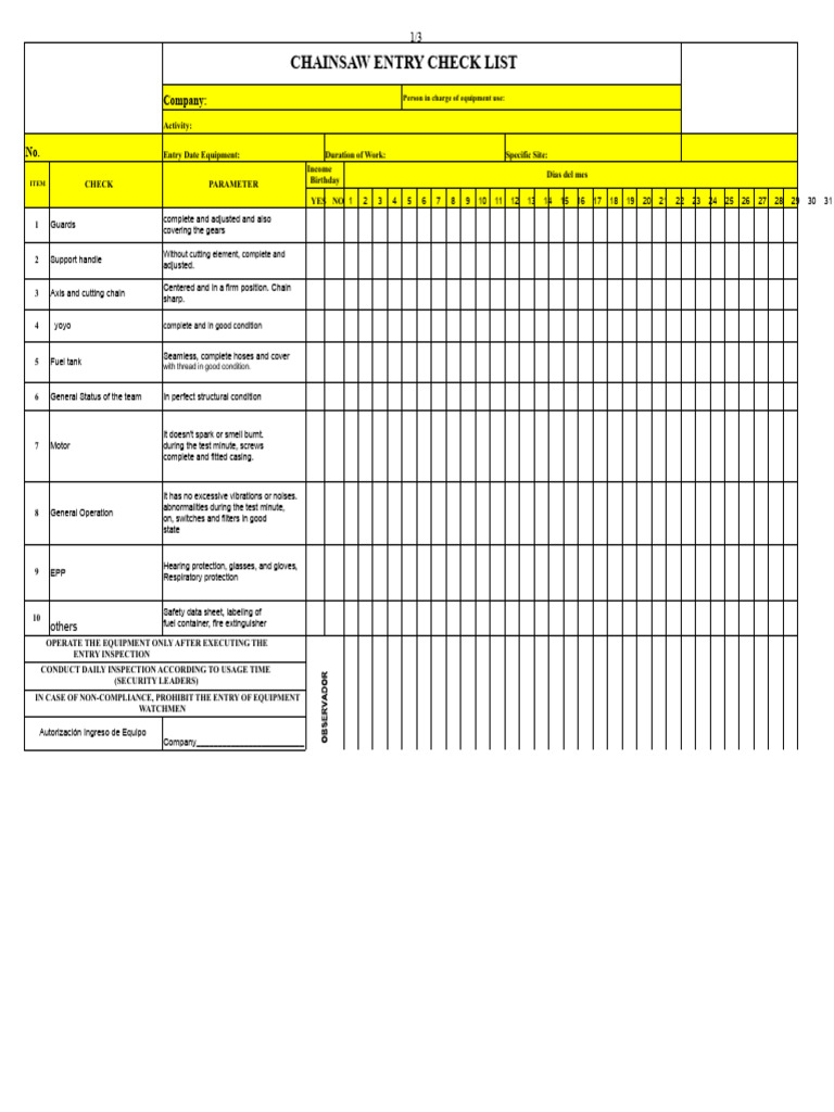 CHAINSAW ENTRY CHECKLIST | PDF | Equipment
