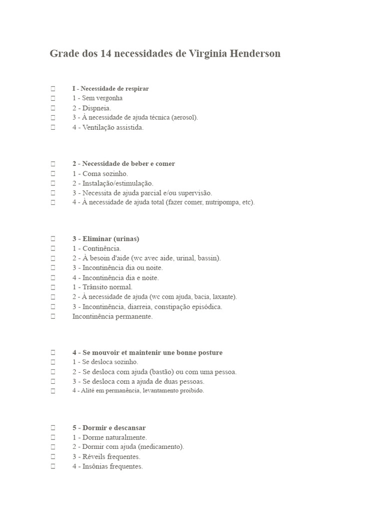 VAE AS Grade Das 14 Necessidades de Virginia Henderson | PDF