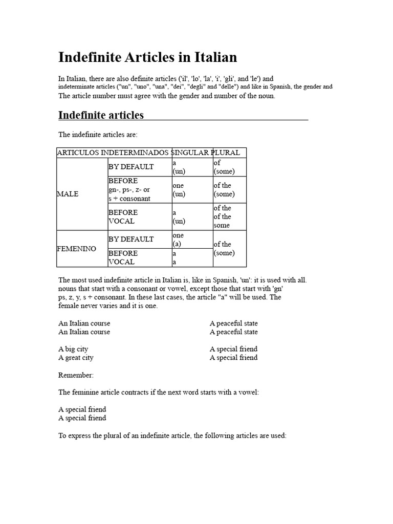 Italian Indefinite Articles Explained | PDF | Italian Language | Plural
