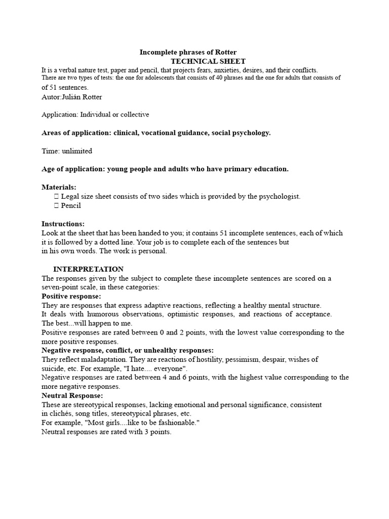 INCOMPLETE SENTENCES BY ROTTER FT.docx | PDF | Social Psychology ...