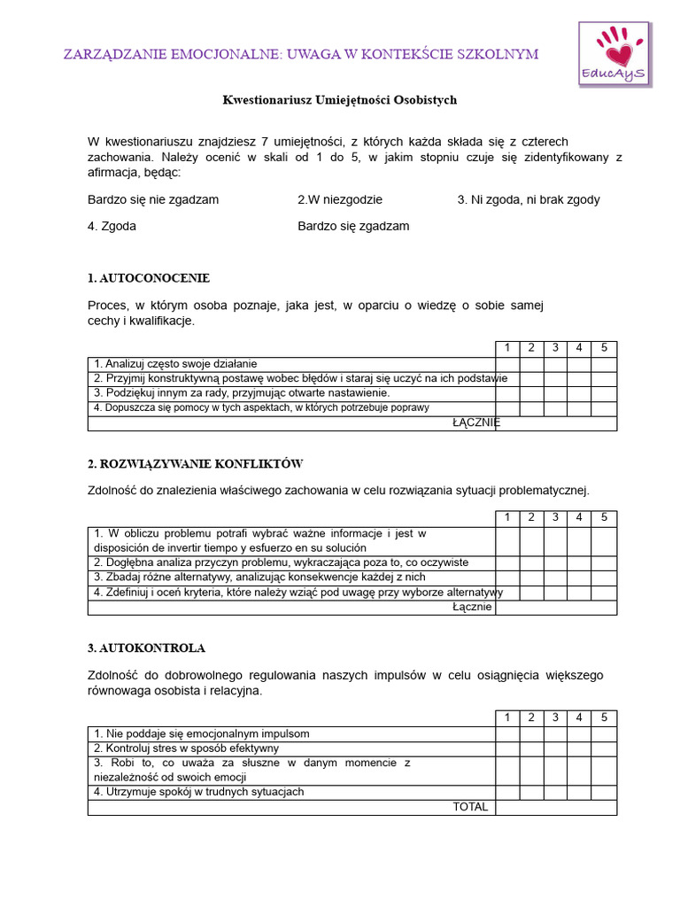 Kwestionariusz Umiejętności Osobistych | PDF