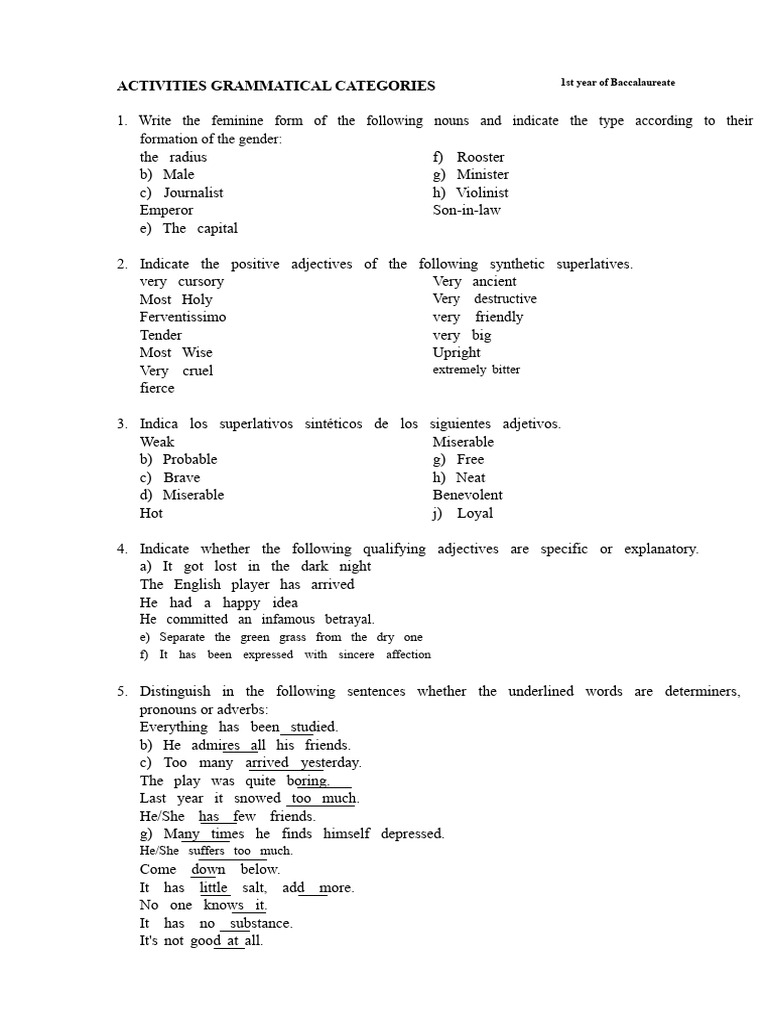 Act. Grammatical Categories 1st Bach | PDF | Adverb | Adjective