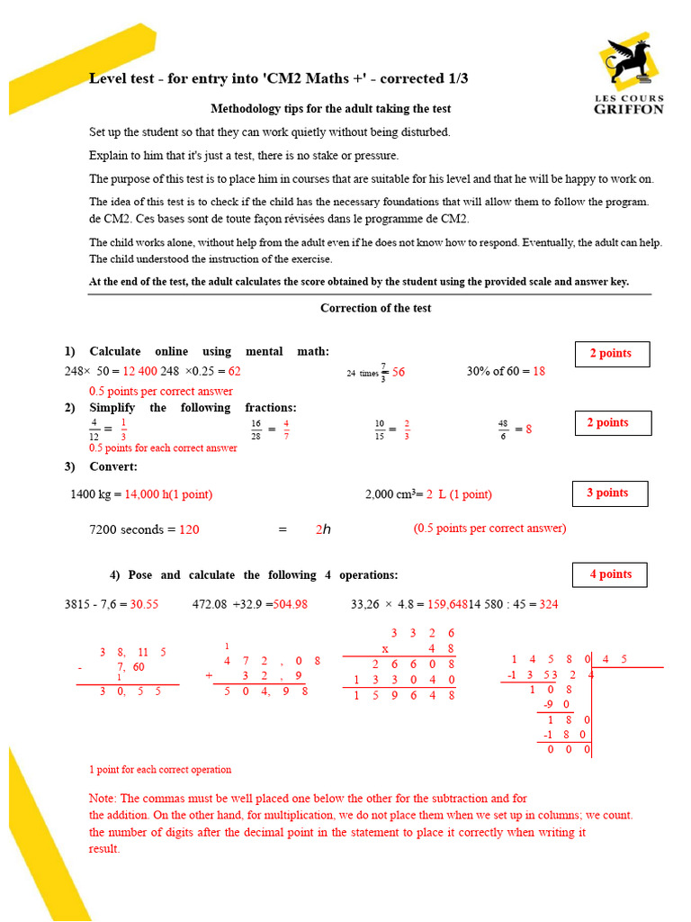 Level Test Mathematics Entry CM2 Maths + Correction | PDF | Mathematics ...