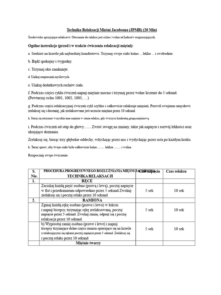 Technika Relaksacji Mięśni Jacobsona | PDF