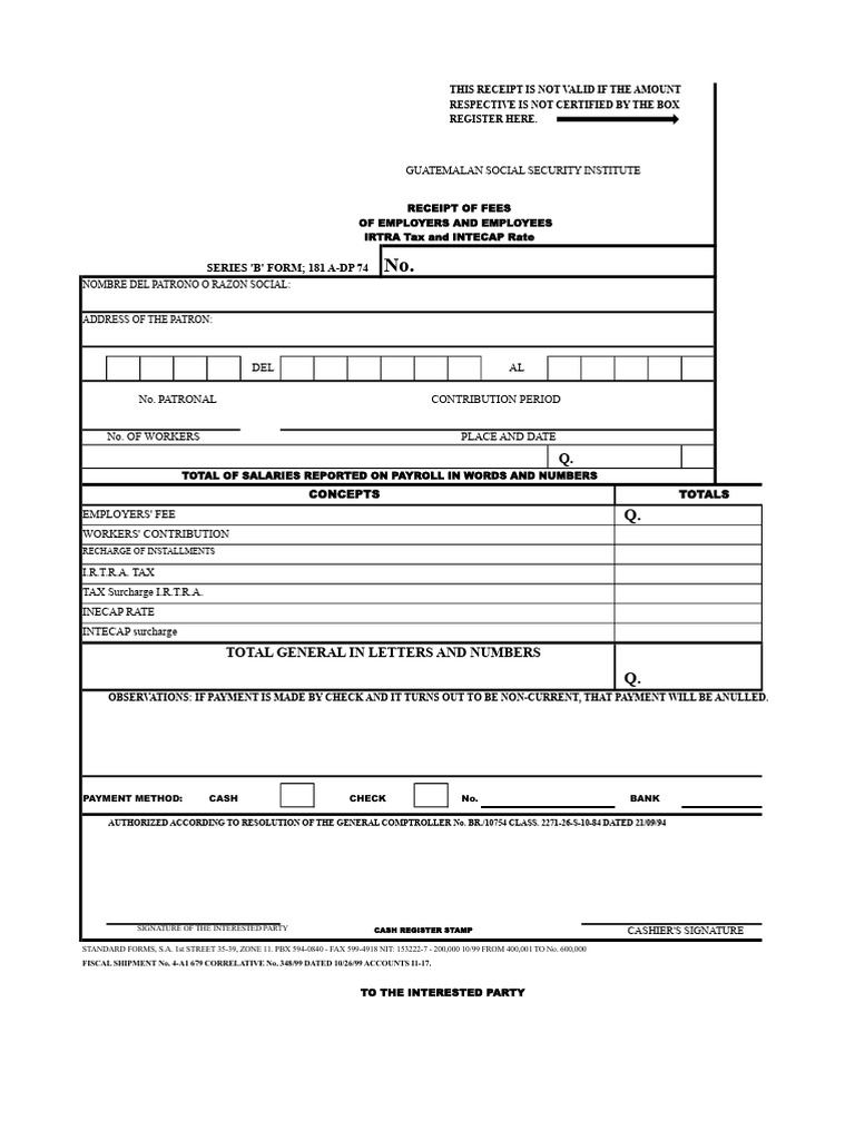Employer Contribution Receipt Model Guatemala | PDF | Receipt | Money