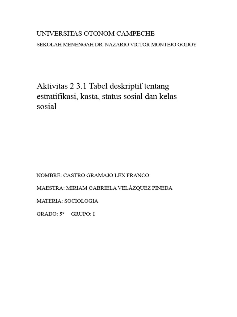 Aktivitas 2 3.1 Tabel Deskriptif Tentang Stratifikasi, Kasta, Status ...