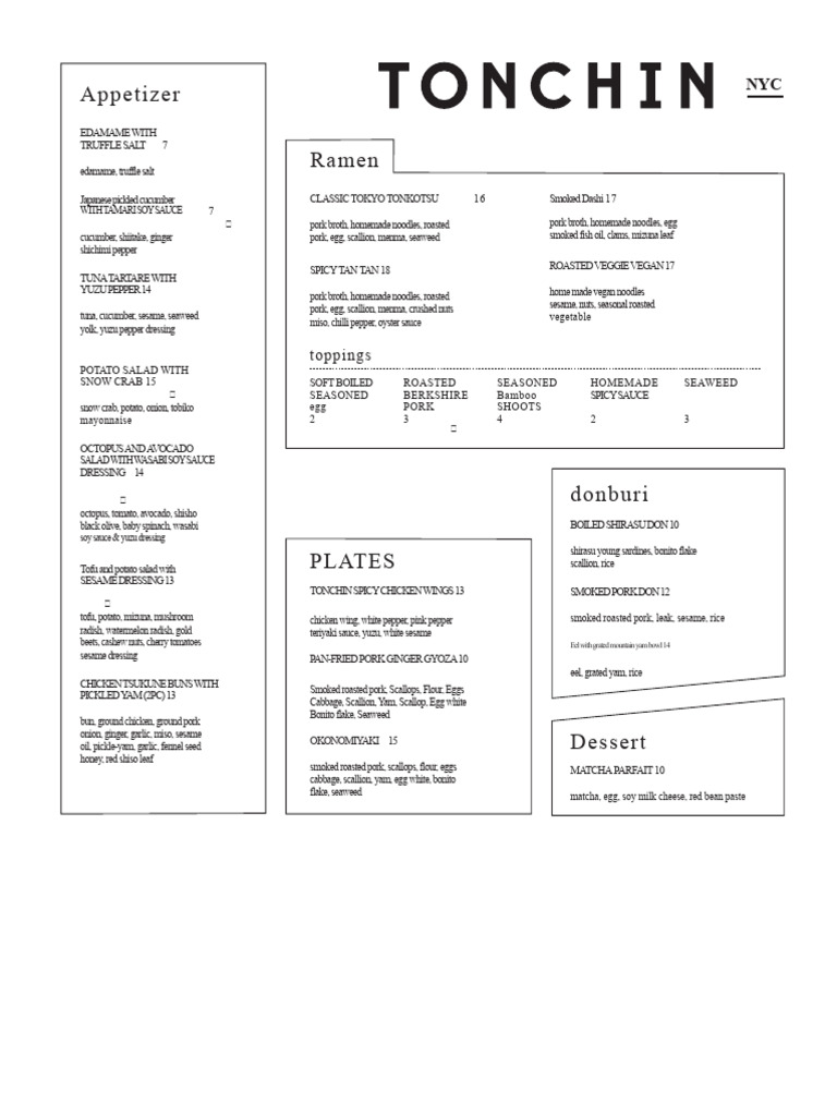 Tonchin Menu | PDF | Salad | Sauce
