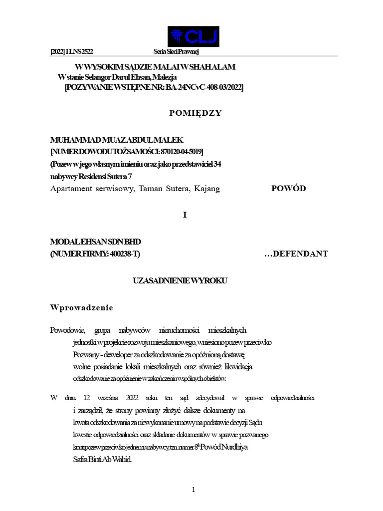 MUHAMMAD MUAZ ABDUL MALEK Przeciwko MODAL EHSAN SDN BHD (2022) 1 LNS ...