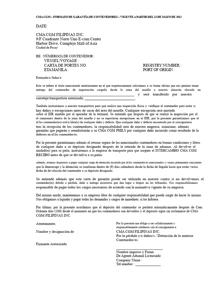 Formato de garantía de contenedor Cma-cgm | PDF