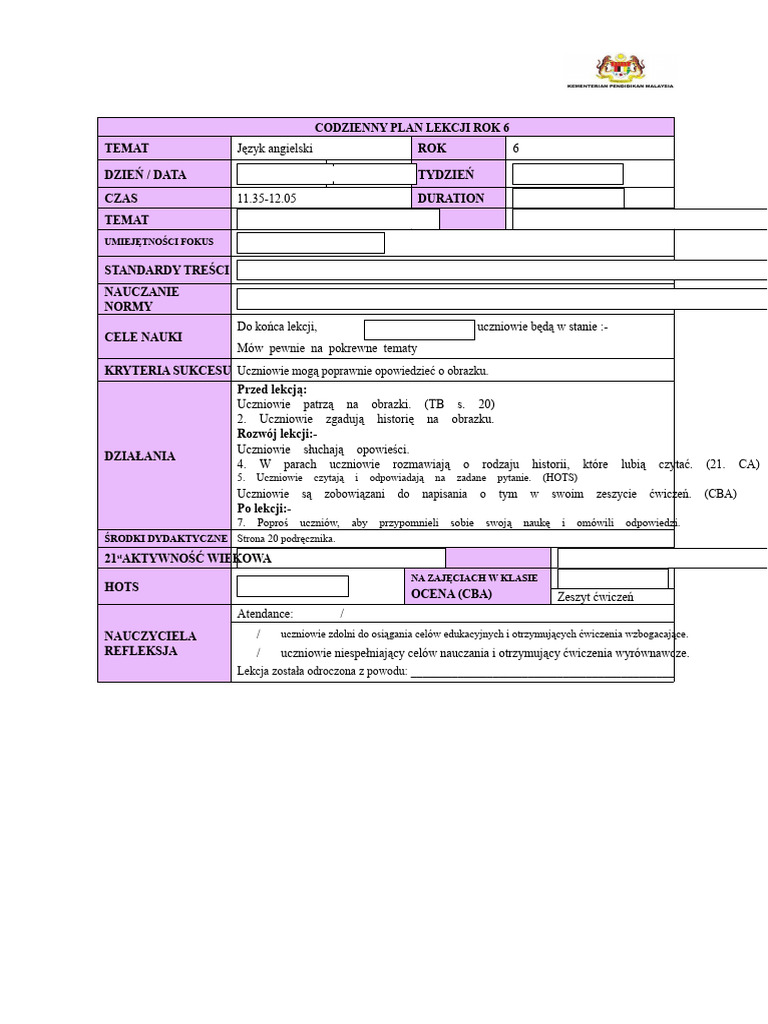 Codzienny Plan Lekcji Klasa 6 | PDF