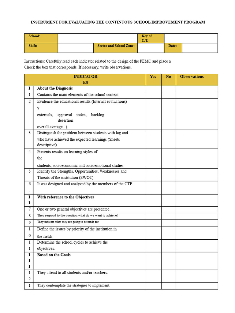 Instrument For Evaluating The Continuous Improvement School Program ...