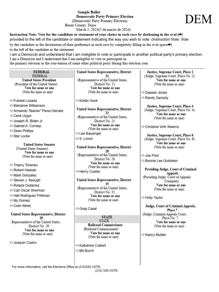 Democratic Party Primary Sample Ballot For Bexar County | PDF | Voting ...