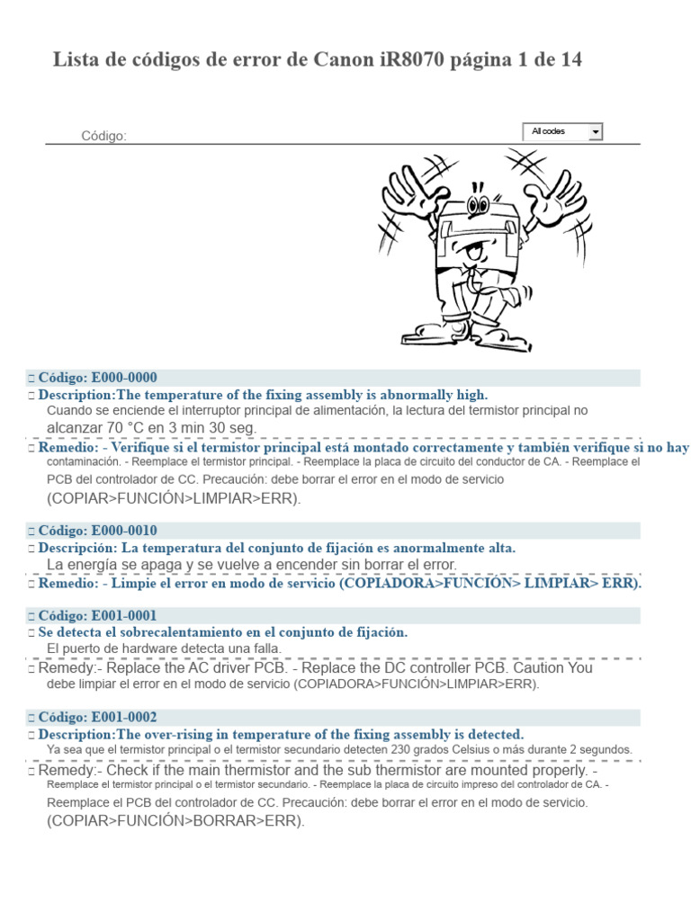 Lista de Códigos de Error Canon IR8070 | PDF | Placa de circuito ...