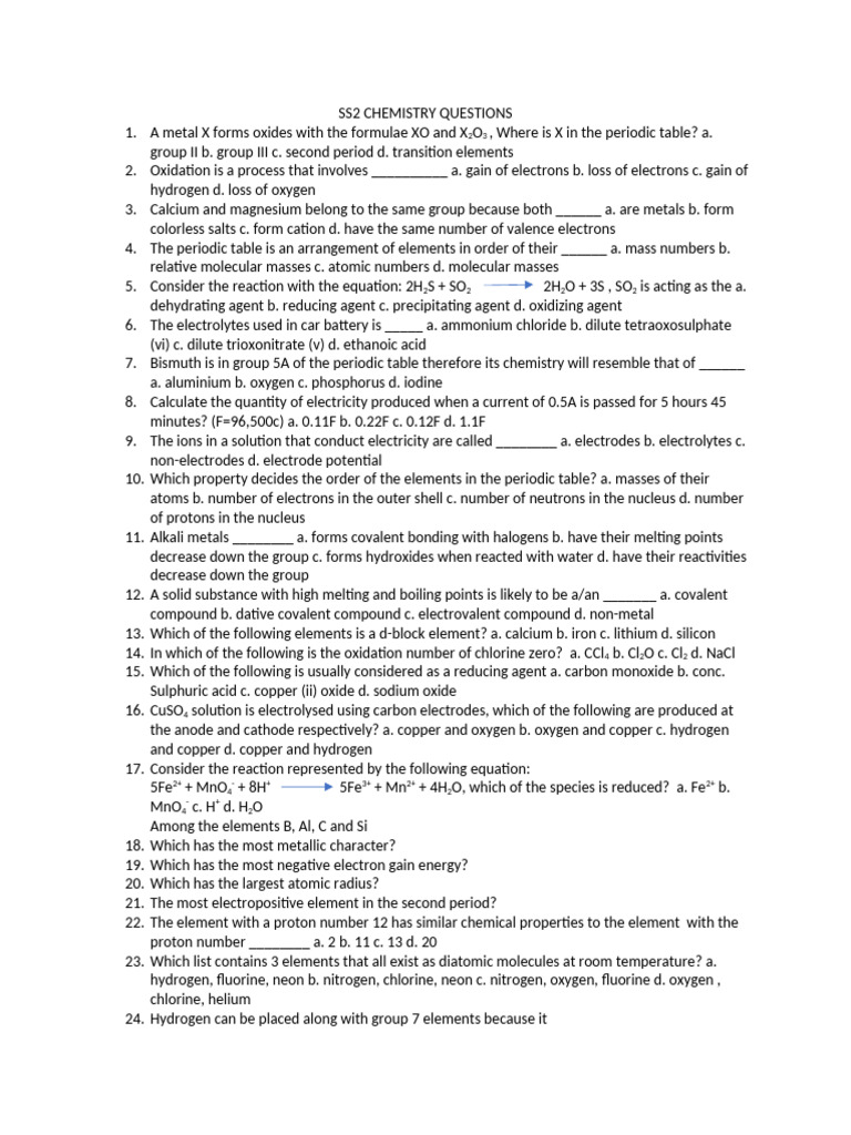 Ss2 Chemistry Questions | PDF | Periodic Table | Redox
