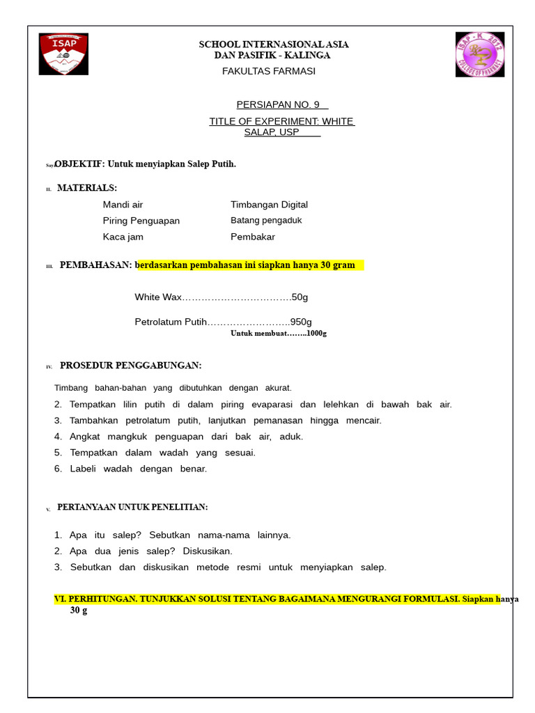 Persiapan Salep Putih: Metode dan Formula | PDF