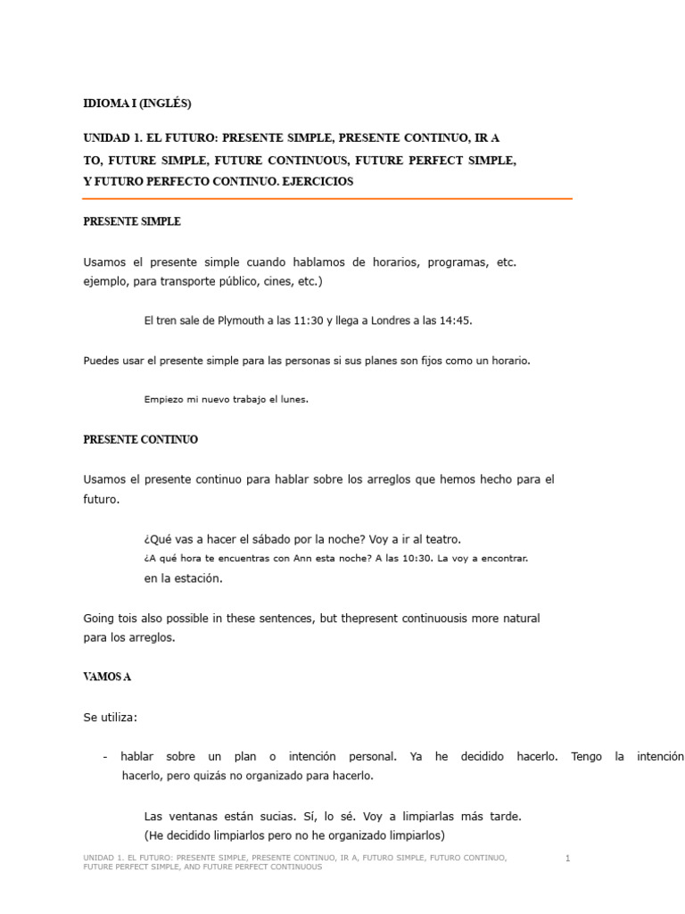 Unidad 1. - El Futuro. Ejercicios | PDF