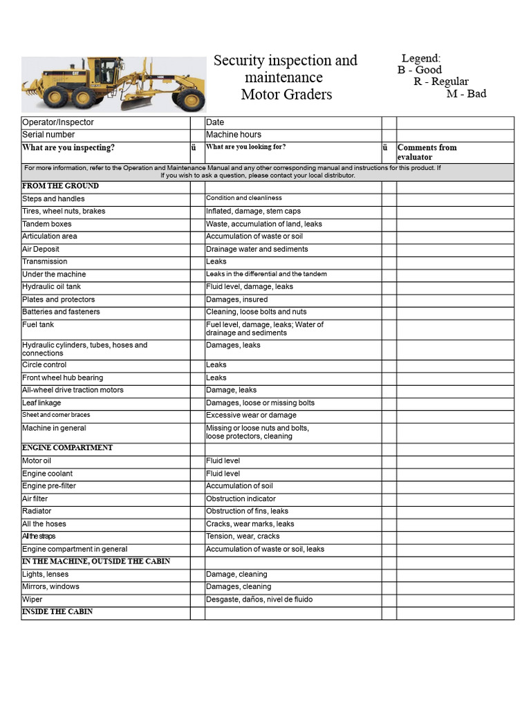 Motor Grader Inspection Checklist | PDF | Truck | Leak
