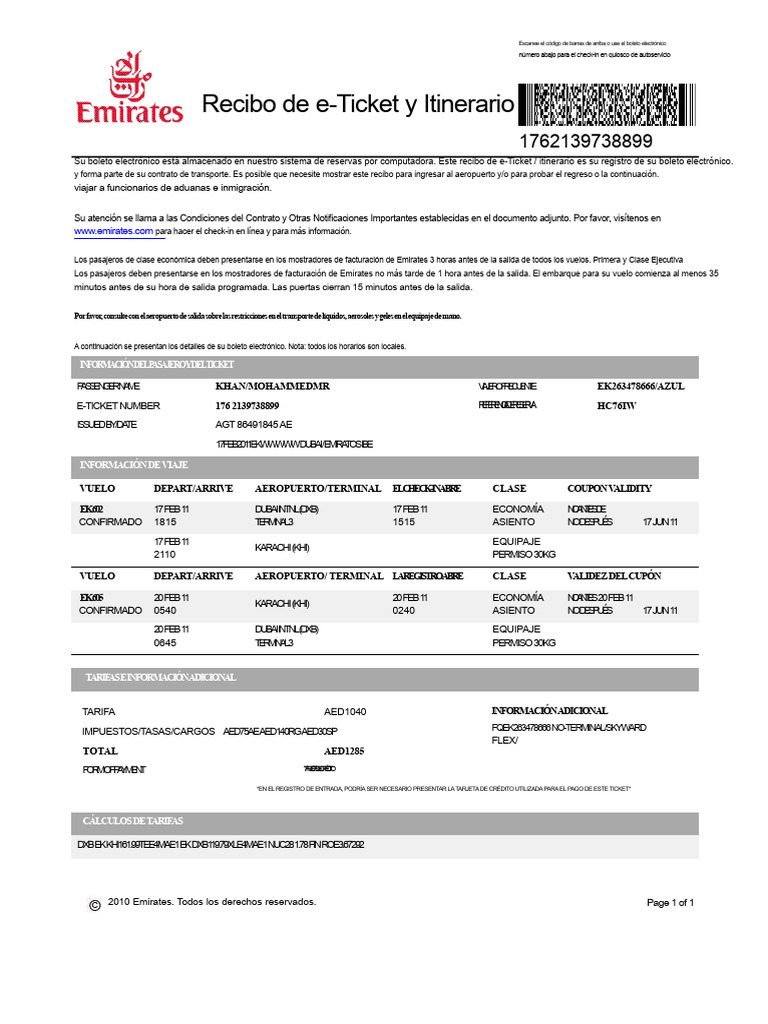 Información de Check-in y Boleto Electrónico | PDF | Emirates ...