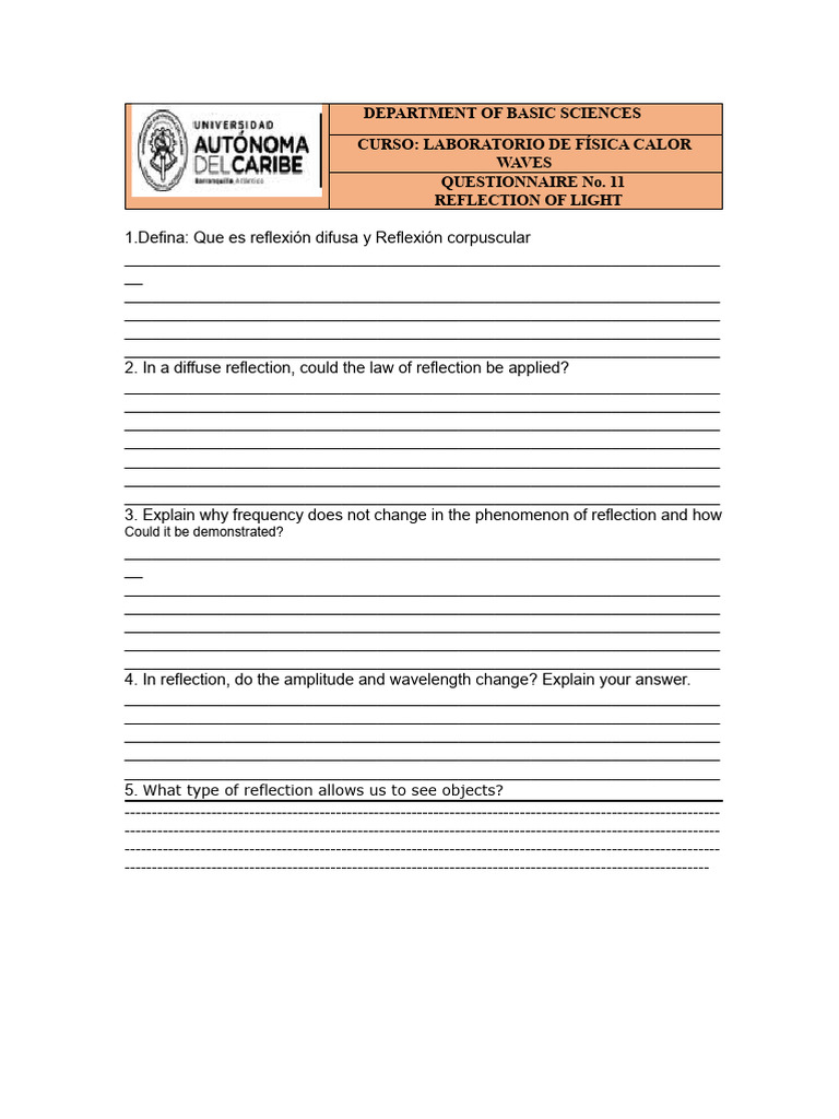 Questionnaire and Exercises on Reflection and Refraction of Light ...