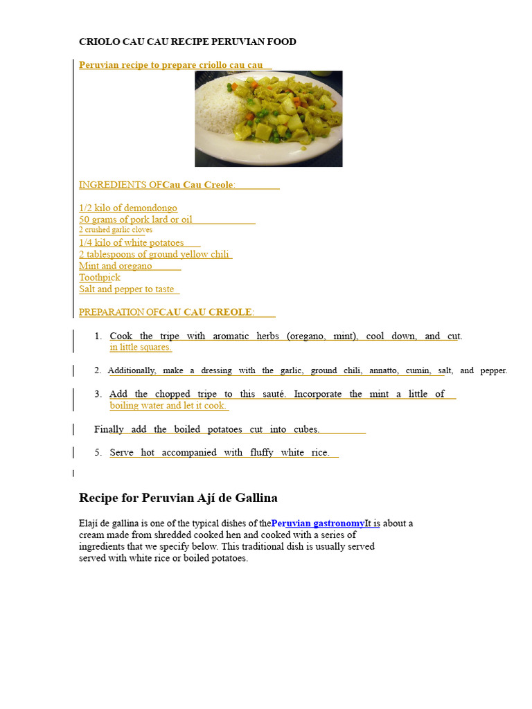 Cau Cau Criollo Recipe Peruvian Food | PDF | Foods | Cuisine