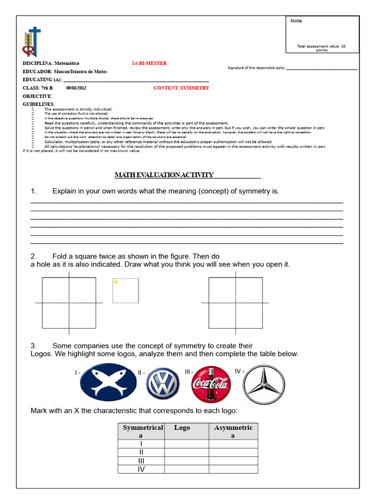 7th Grade Math Assessment on Symmetry | PDF | Symmetry | Geometry