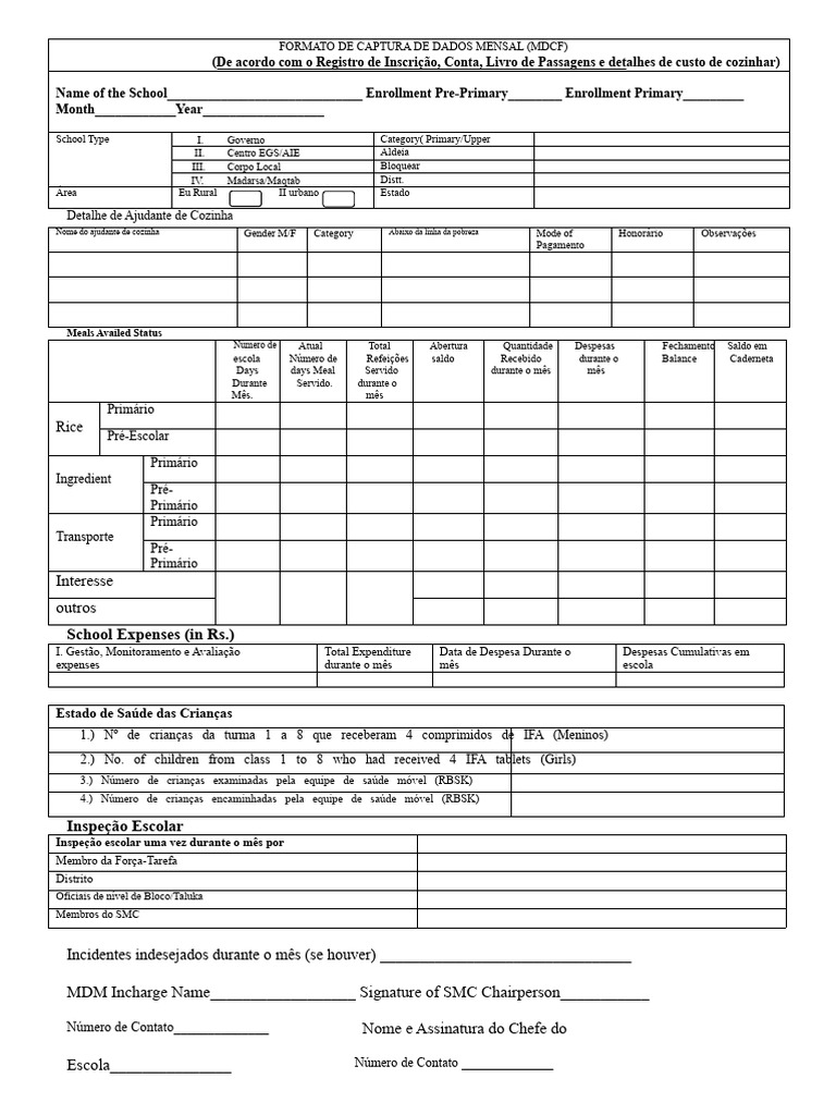 Formulário Mensal de Captura de Dados Escolar | PDF