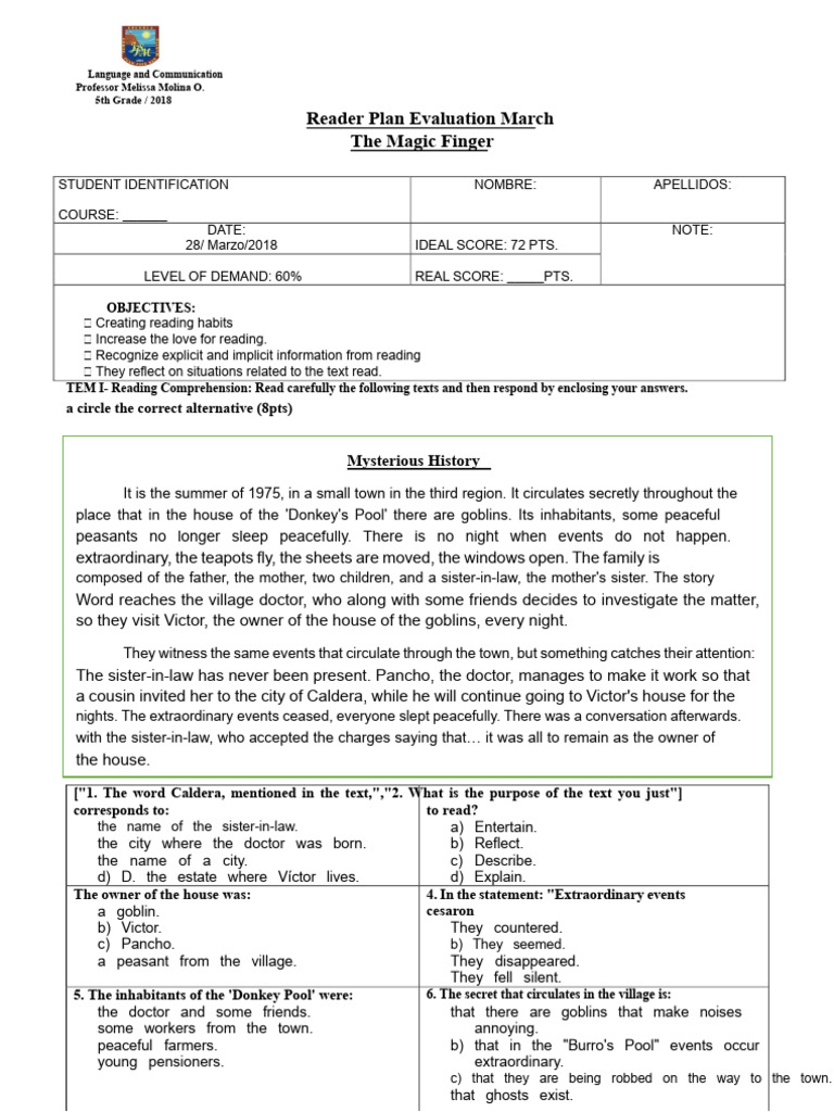Magic Finger Test | PDF | Reading Comprehension