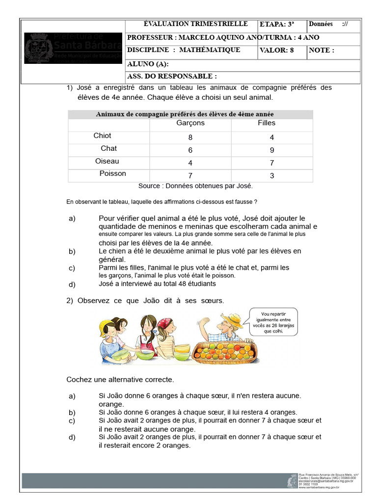 Évaluation trimestrielle de maths 4e année | PDF