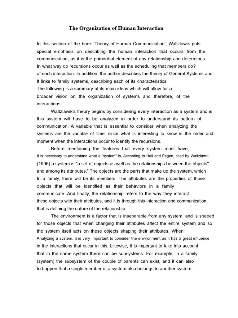 The Organization of Human Interaction (Waltzlawik) | PDF | System ...