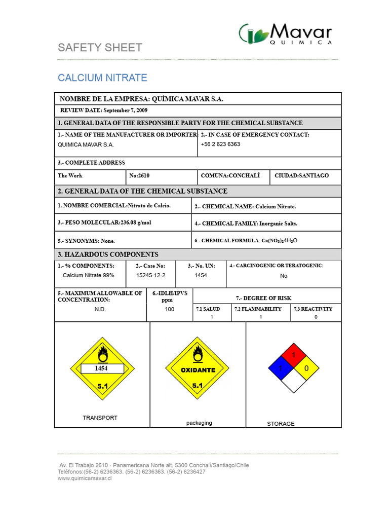 Calcium Nitrate Safety Data Sheet | PDF | Fires | Firefighting