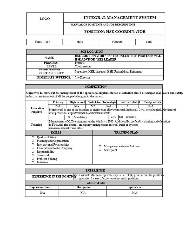 HSE Coordinator Job Description Manual | PDF | Occupational Safety And ...