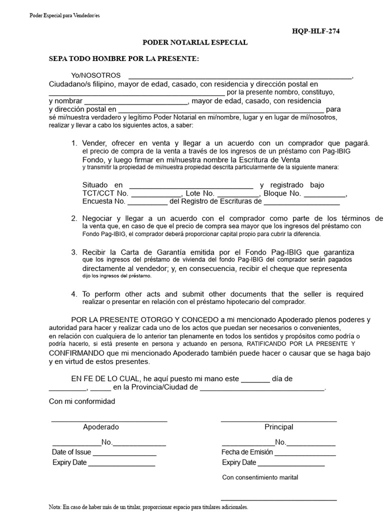 HQP-HLF-274 Poder Notarial Especial Sepa Todo Hombre Por La Presente | PDF
