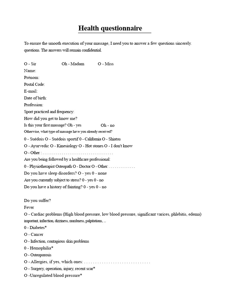 Health Questionnaire | PDF | Massage | Medical Specialties