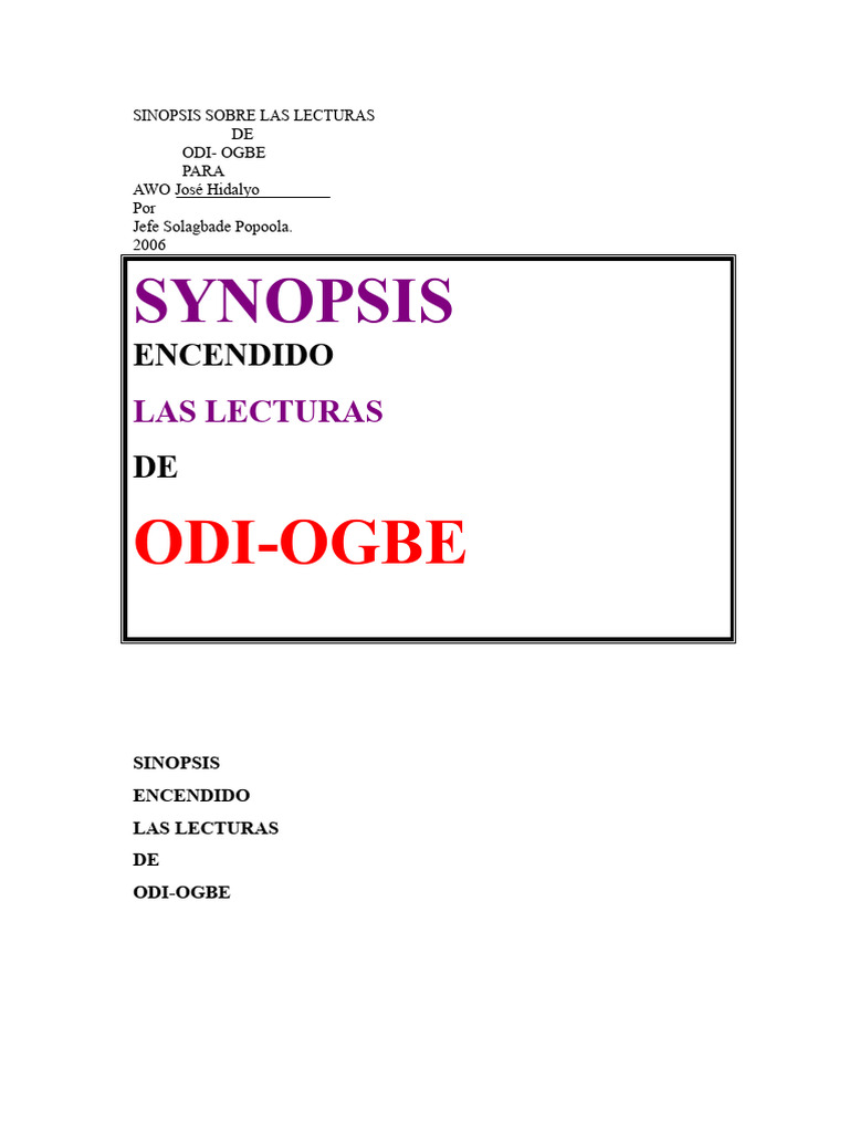 Lecturas de Odi-Ogbe en Ifá: Sinopsis | PDF