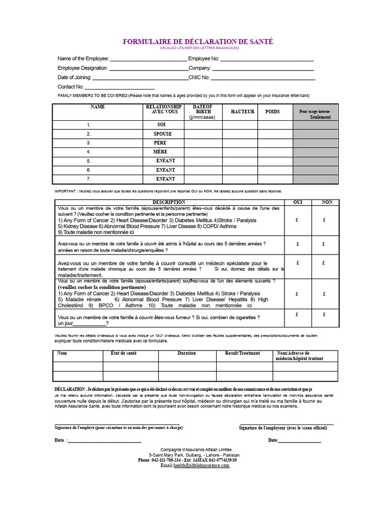 Formulaire de Déclaration de Santé Employé | PDF | Soins de santé ...
