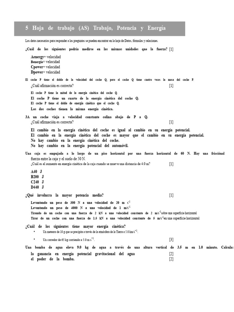 Hoja de Trabajo (AS) PDF | PDF | Energía cinética | Masa