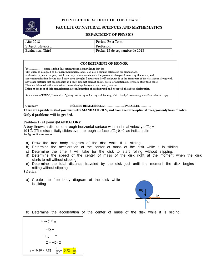 Physics 1 Improvement Exam | PDF | Deformation (Engineering) | Force